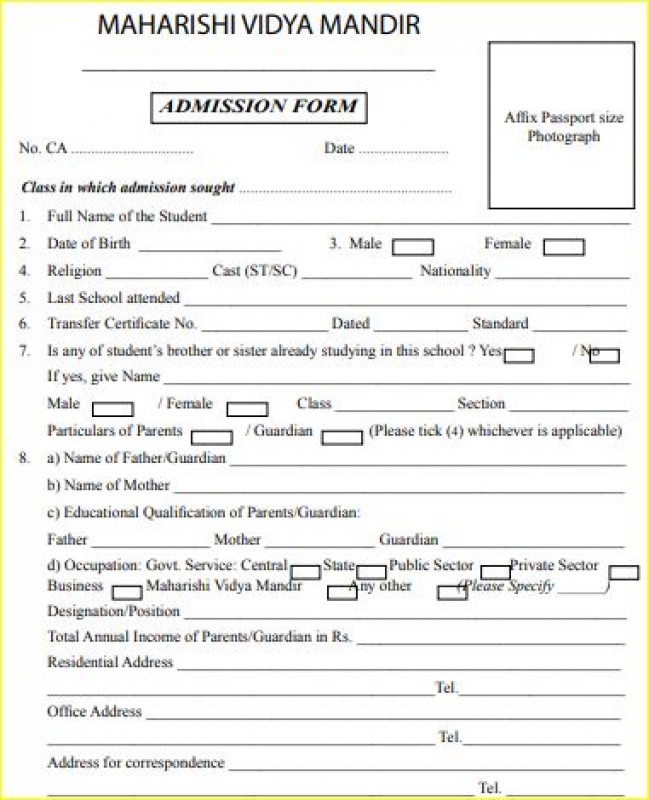 Admission Details Maharishi Vidya Mandir, Noida (UP) for year 2024-2025