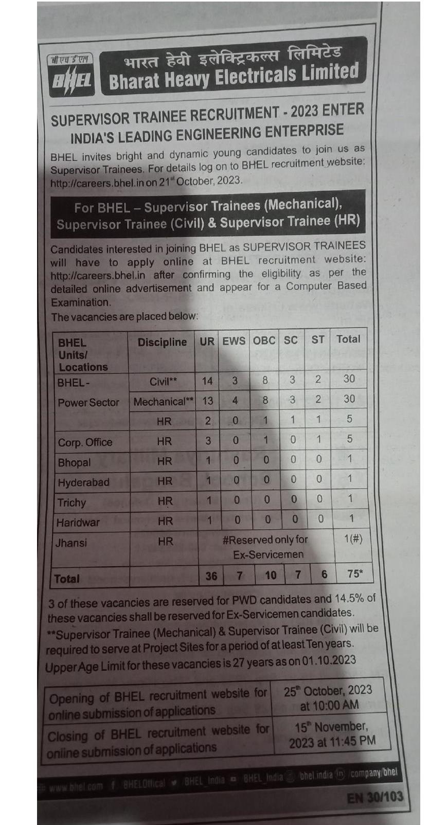 BHEL Supervisor Trainee Recruitment 2023 | Last Date 15 Nov Online Form